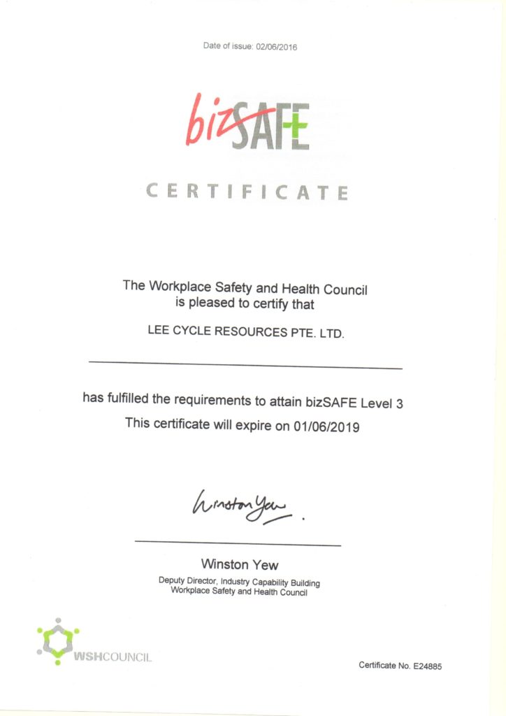 BIZSafe 3 Certification - Leecycle Resources Singapore